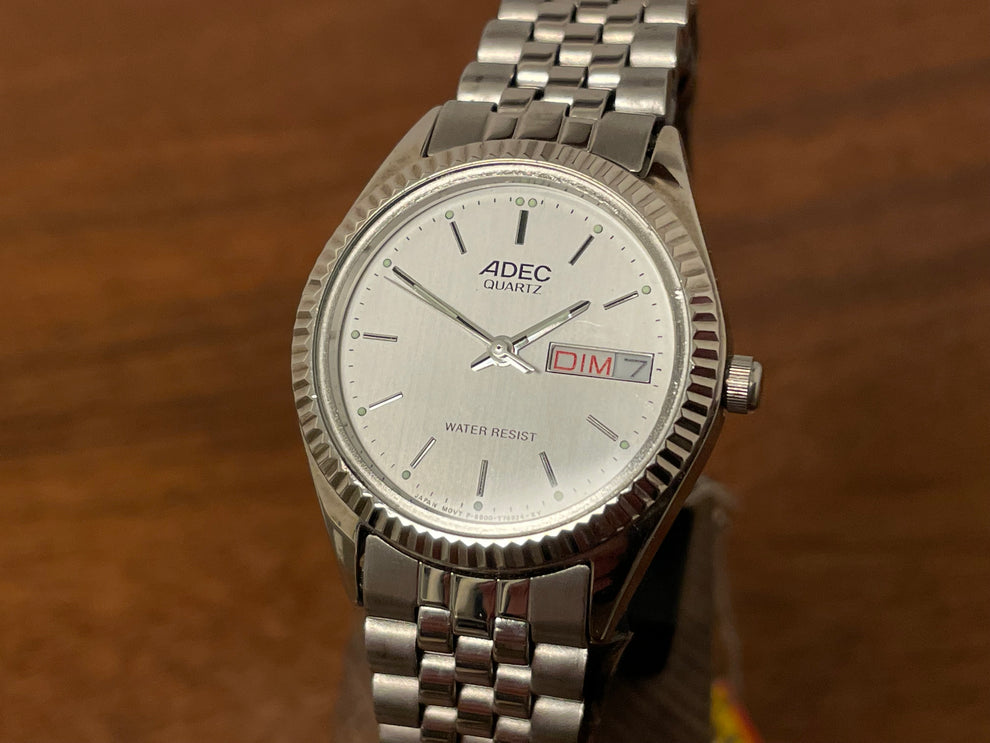 (1980) ADEC (by Citizen) "Day-Date" - fluted bezel - silver dial w/ st ...